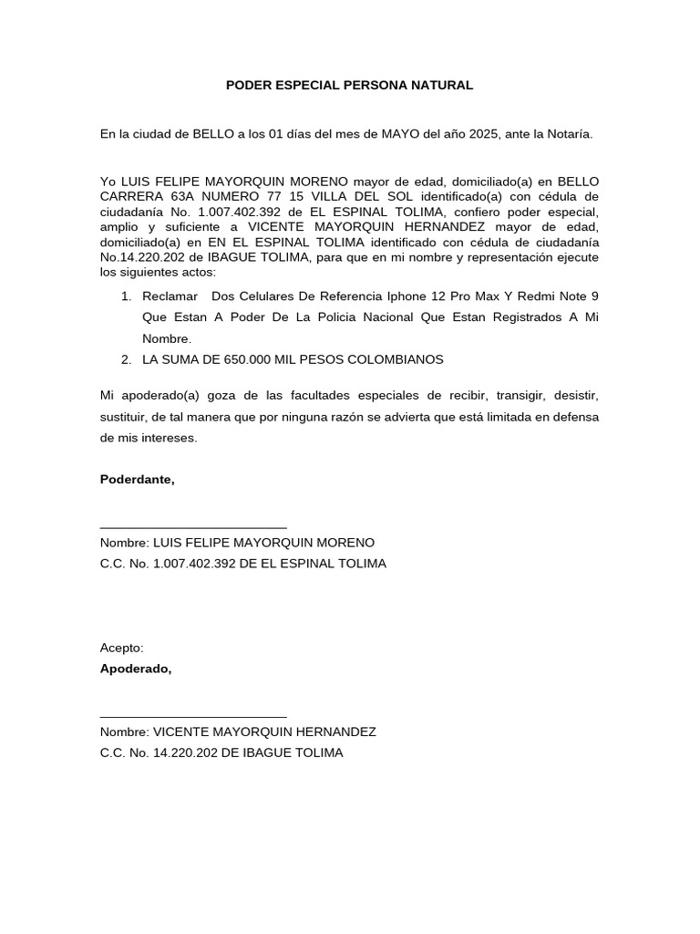 Formato Poder Especial Persona Natural | PDF