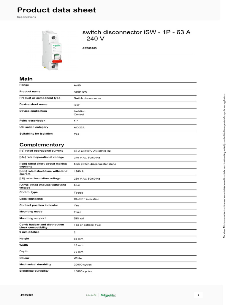 Schneider Electric - Acti9-iSW-SW - A9S66163 | PDF | Alternating Current | Electrical Engineering