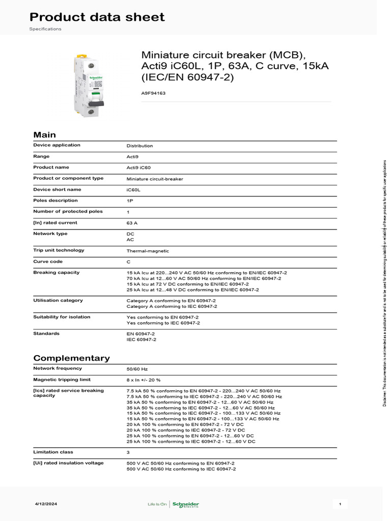 Schneider Electric - Acti9-iC60 - A9F94163 | PDF | Alternating Current | Electric Power