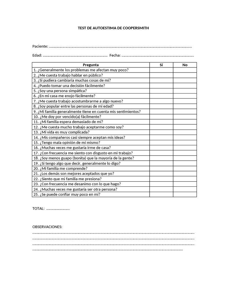 Test Autoestima de - COOPERSMITH - Docx | PDF