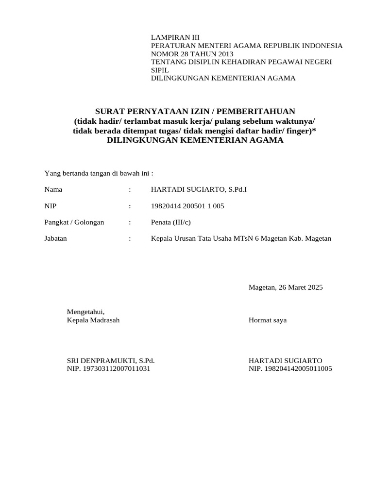 Surat Pernyataan Atau Alibi Kehadiran | PDF