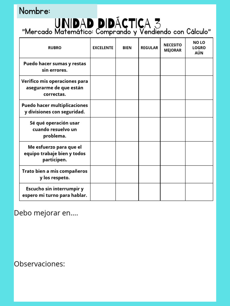 Turqoise Colorful Student Self Evaluation Behavior Checklist Worksheet ...