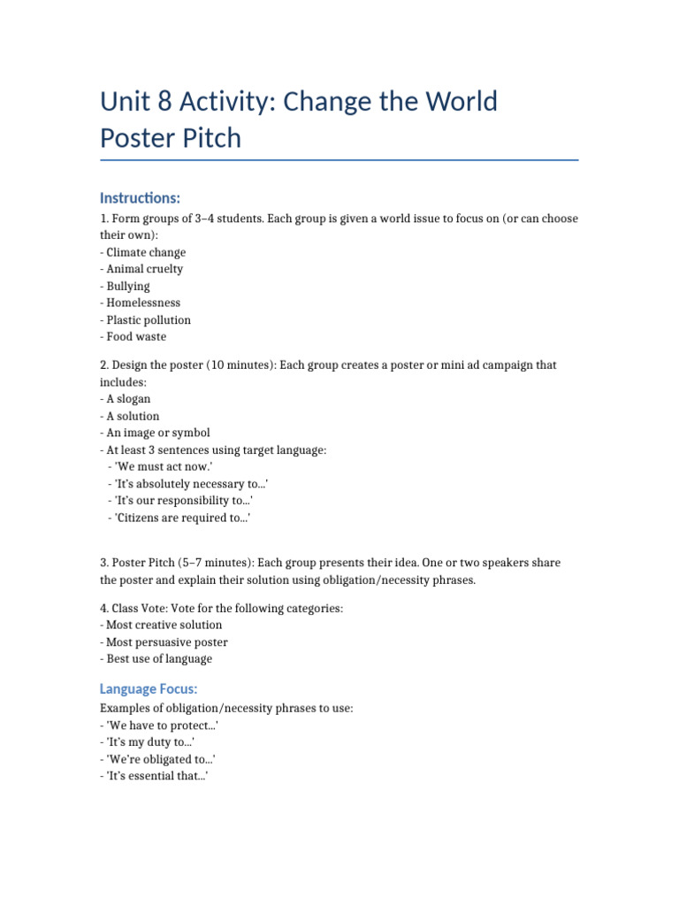 Unit 8 Change The World Poster Pitch Activity | PDF