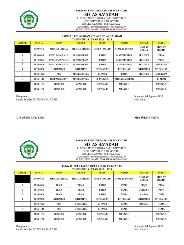 JADWAL PELAJARAN KELAS 1 KURMER | PDF