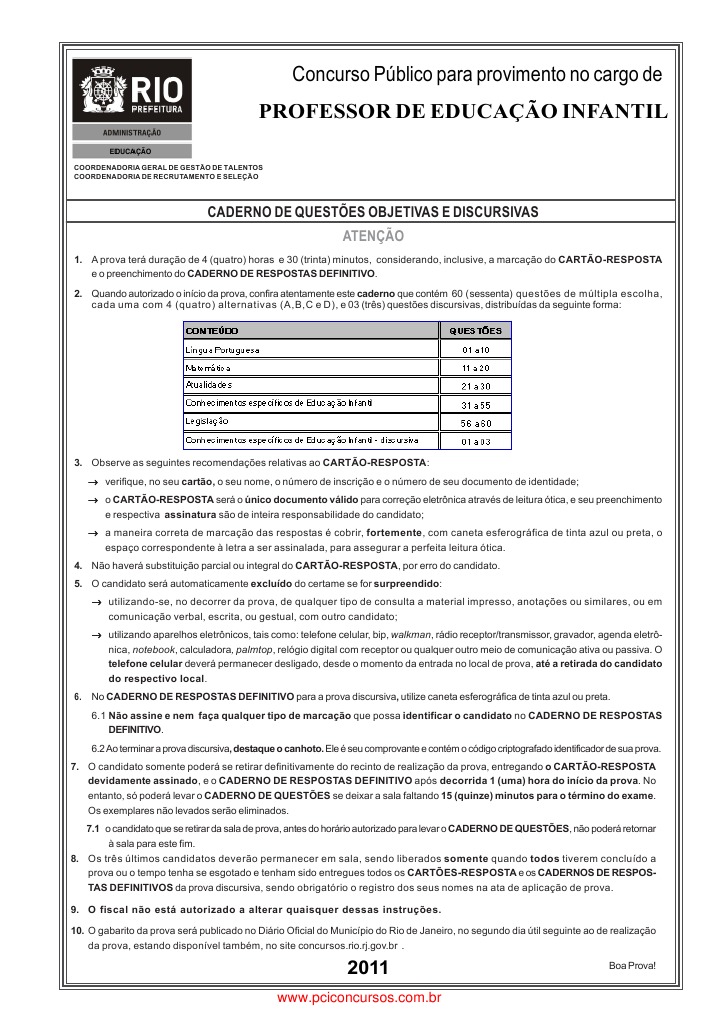 Prova Professor Educacao Infantil 2011 | PDF | Alfabetização | Pré-escola Prova Professor Educacao Infantil 2011 | PDF | Alfabetização | Pré-escola
