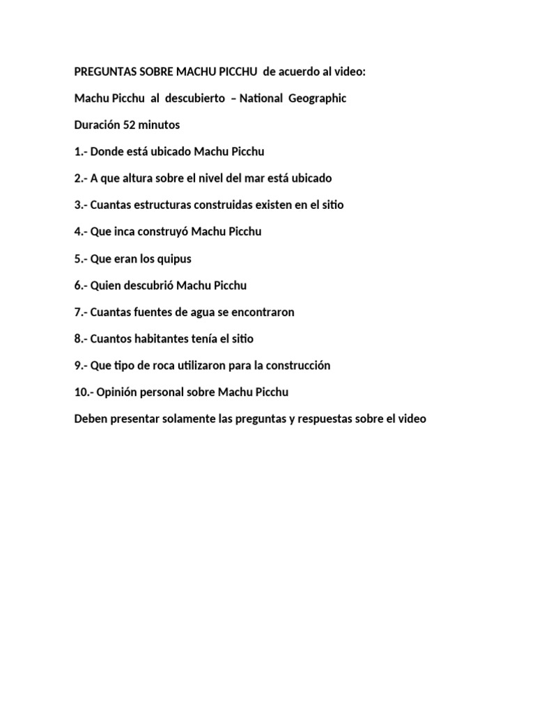Preguntas Sobre Machu Picchu | PDF