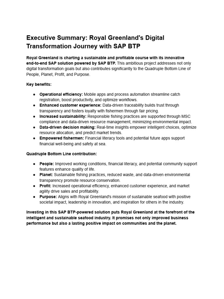 Executive Summary Royal Greenland's Digital Transformation Journey With SAP BTP | PDF