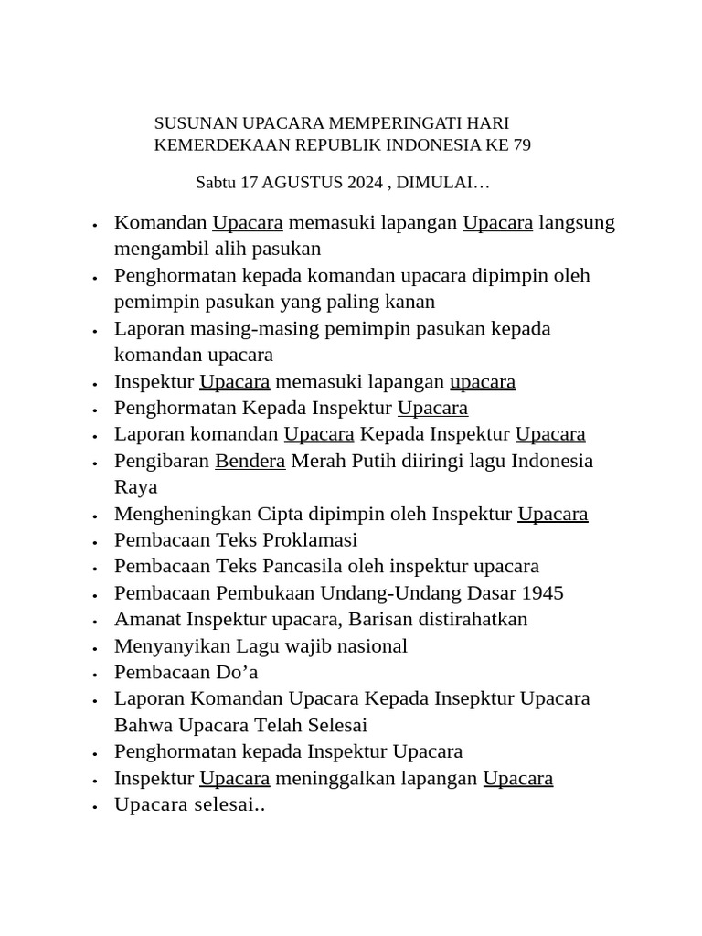 Susunan Upacara Memperingati Hari Proklamasi Kemerdekaan Indonesia Ke 78 | PDF