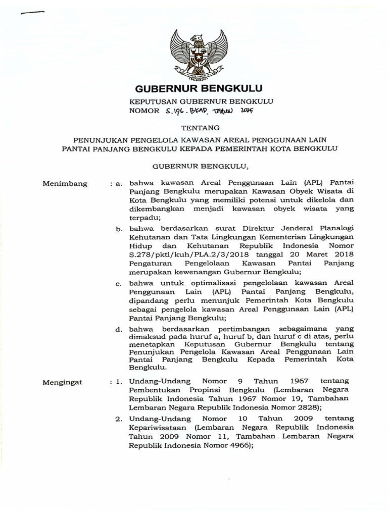 SK Gubernur Penunjukan Pengelola APL Pantai Panjang | PDF