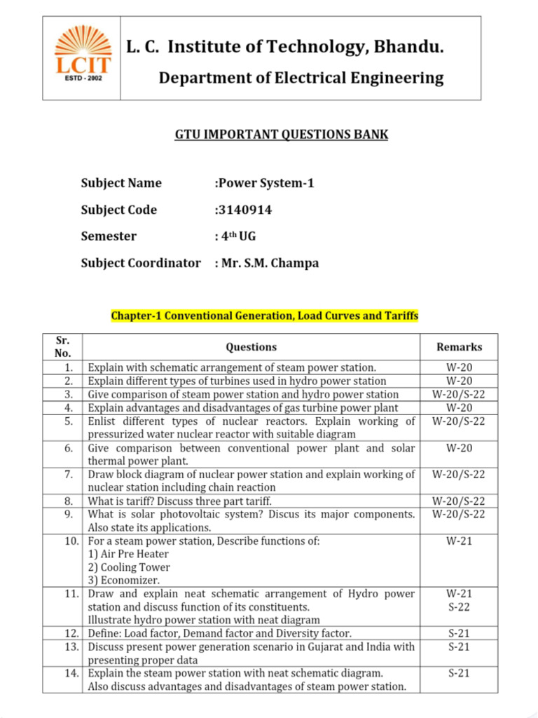 power systems 1 imp questions banck | PDF