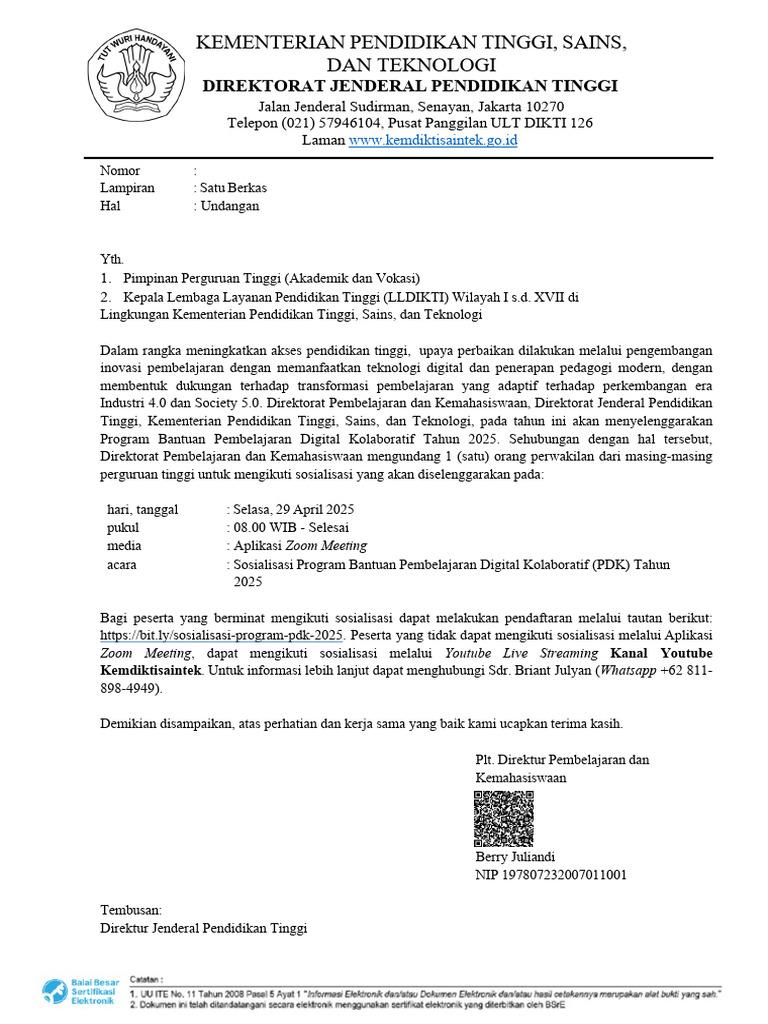 Surat Undangan Sosialisasi Program Bantuan PDK 2025 (1) | PDF