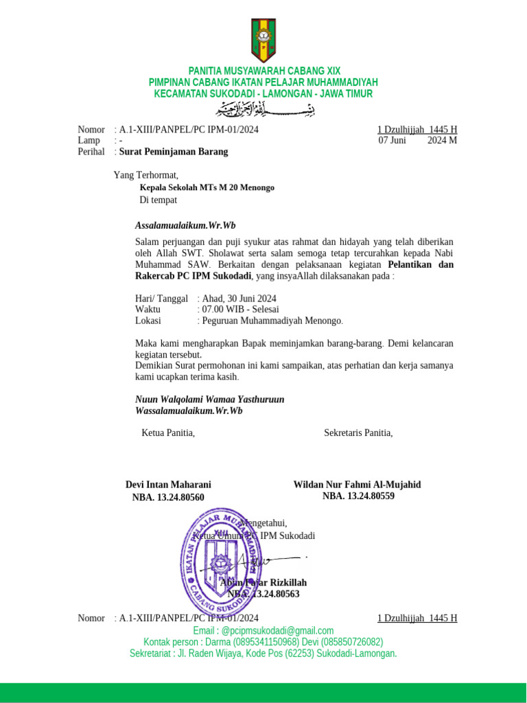 Surat Peminjaman Barang IPM Sukodadi | PDF