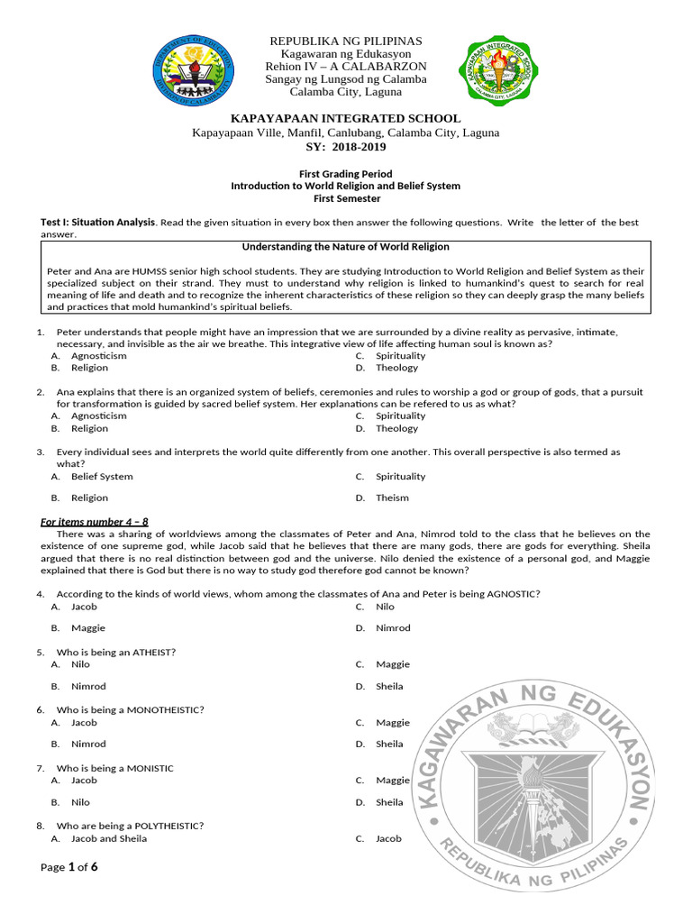 Intro To World Religion and Belief System First Grading Exam | PDF ...