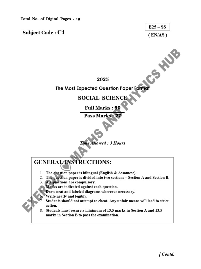 Model Question Paper SST, HSLC 2025-1 | PDF