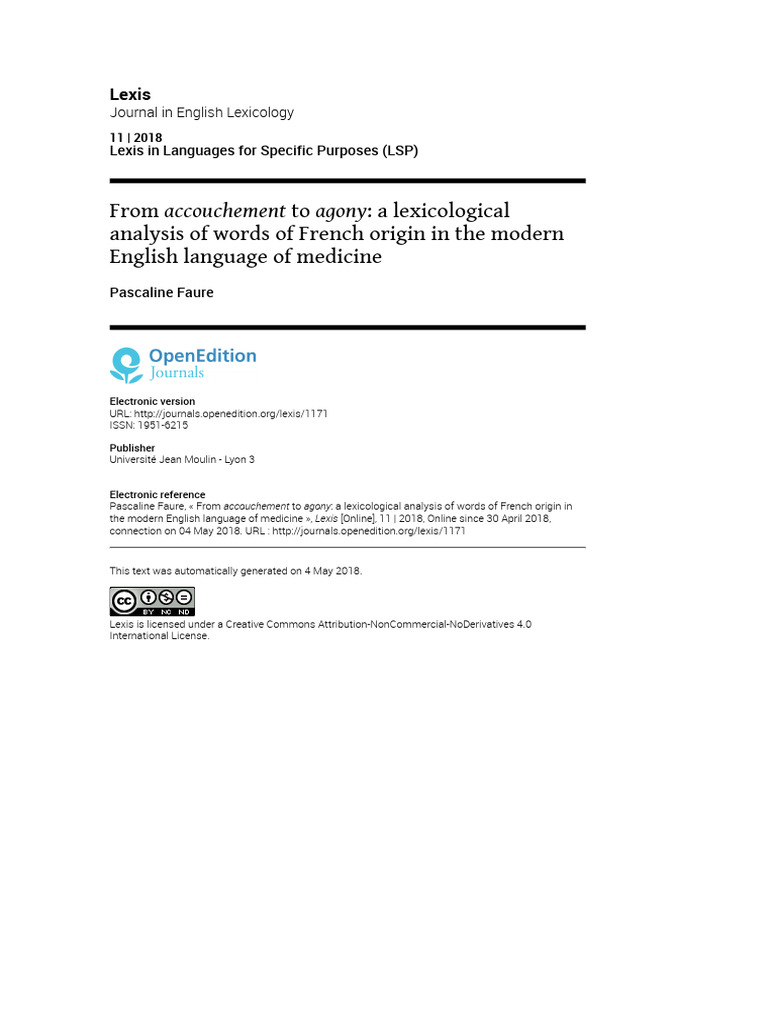 From Accouchement To Agony1 A Lexicological Analys | PDF