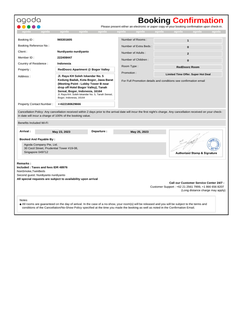 Confirmation For Booking ID # 965301605 230523 202045 | PDF