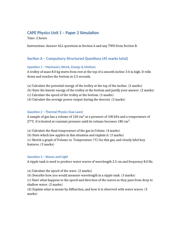 CAPE Physics Unit 1 Paper 2 Simulation | PDF | Acceleration | Force