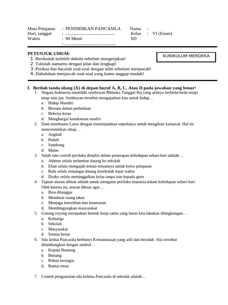 SOAL ASAJ KELAS VI - Pendidikan Pancasila | PDF