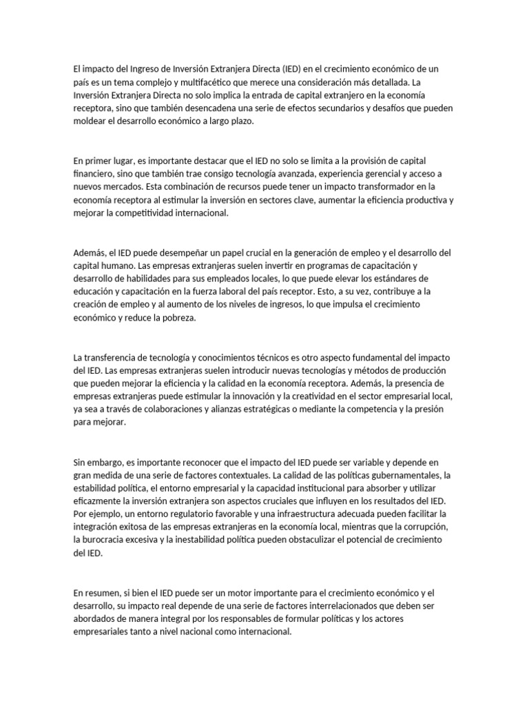 Impacto del IED en el Crecimiento Económico | PDF | La inversión ...