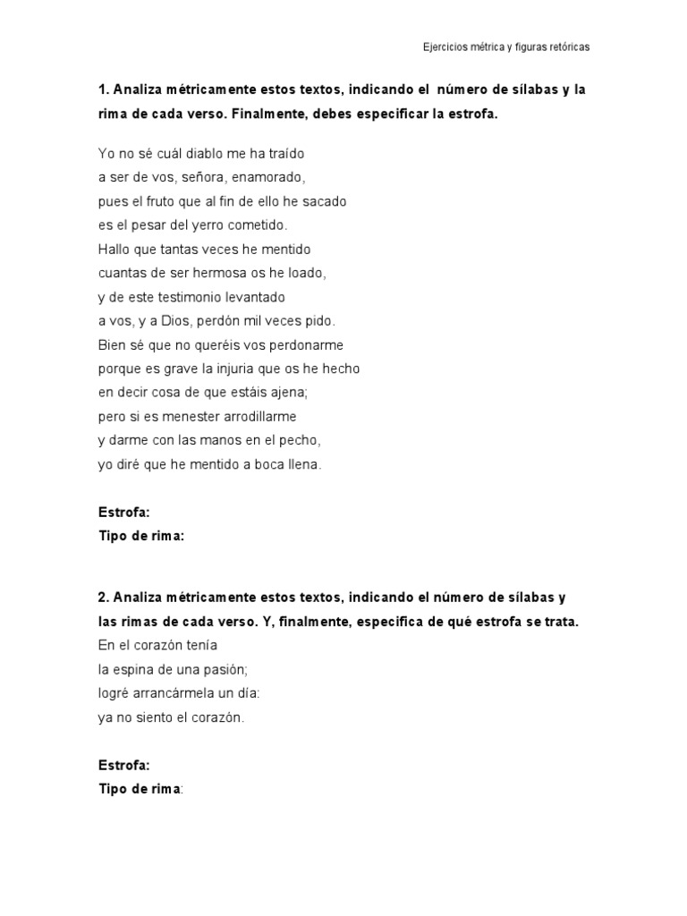 Ejercicios Métrica y Figuras Retóricas | PDF | Metro (poesía ...