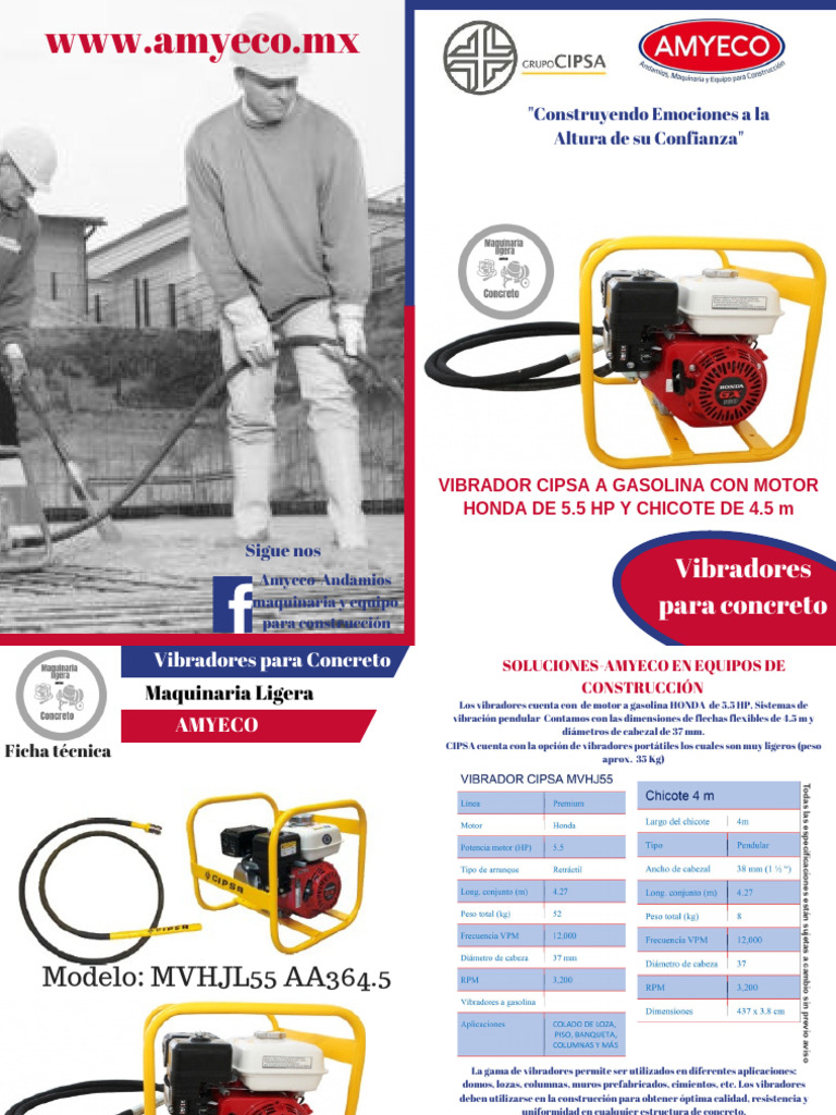 Vibrador Cipsa A Gasolina Con Motor Honda de 5.5 HP y Chicote de 4.5 M | PDF