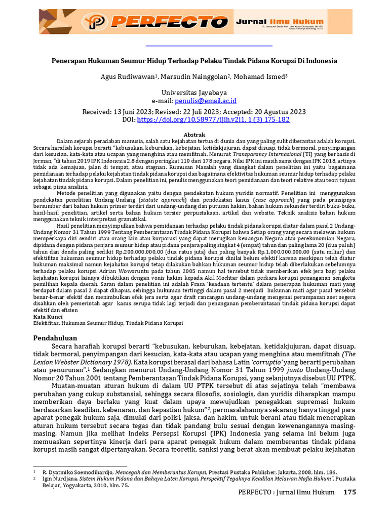 Penerapan Hukuman Seumur Hidup Terhadap Pelaku Tindak Pidana Korupsi Di Indonesia | PDF