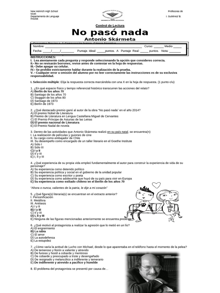 Control de Lectura No Pasó Nada Antonio Skármeta (Autoguardado) | PDF ...