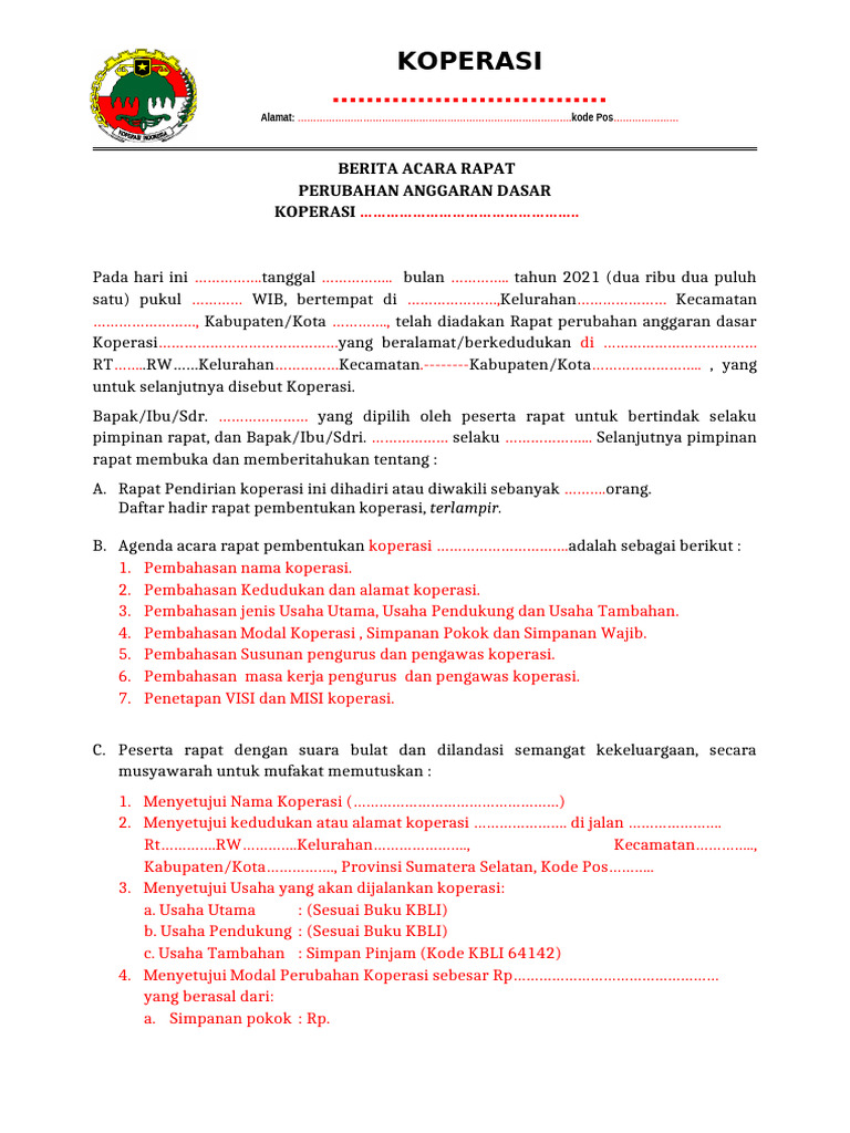 CONTOH BERITA ACARA RAPAT Perubahan | PDF