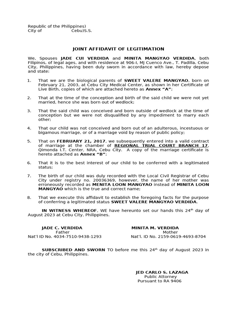 Affidavit of Legitimation | PDF | Marriage, Unions And Partnerships | Living Arrangements