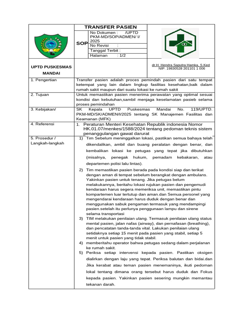 Sop PSC Transfer Pasien | PDF