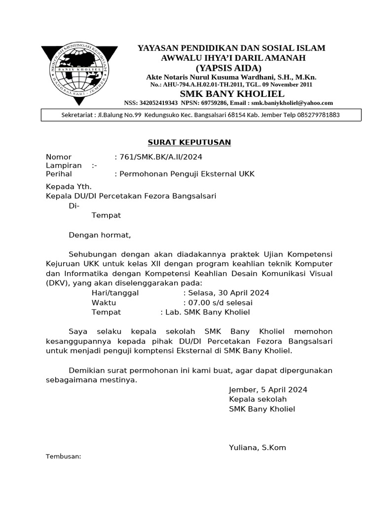 Permohonan Penguji Eksternal UKK SMK | PDF