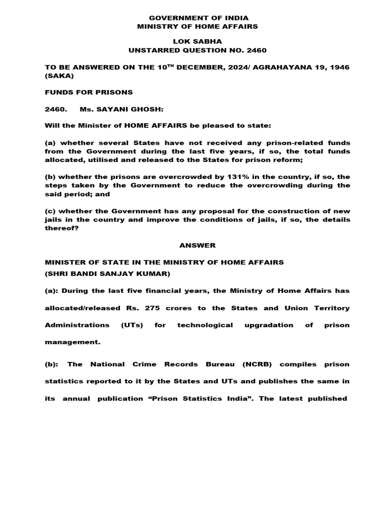 Loksabhaquestions Annex 183 AU2460 Spd6P8 | PDF | Prison | Bail