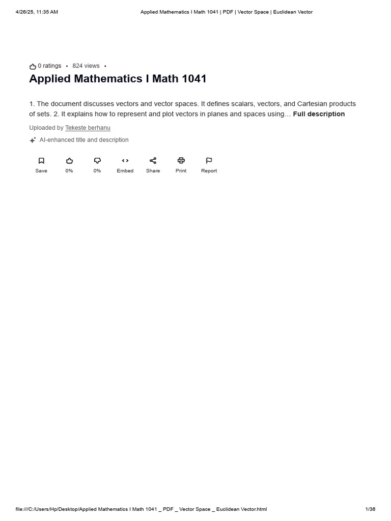 Applied Mathematics I Math 1041 - PDF - Vector Space - Euclidean Vector | PDF | Euclidean Space ...