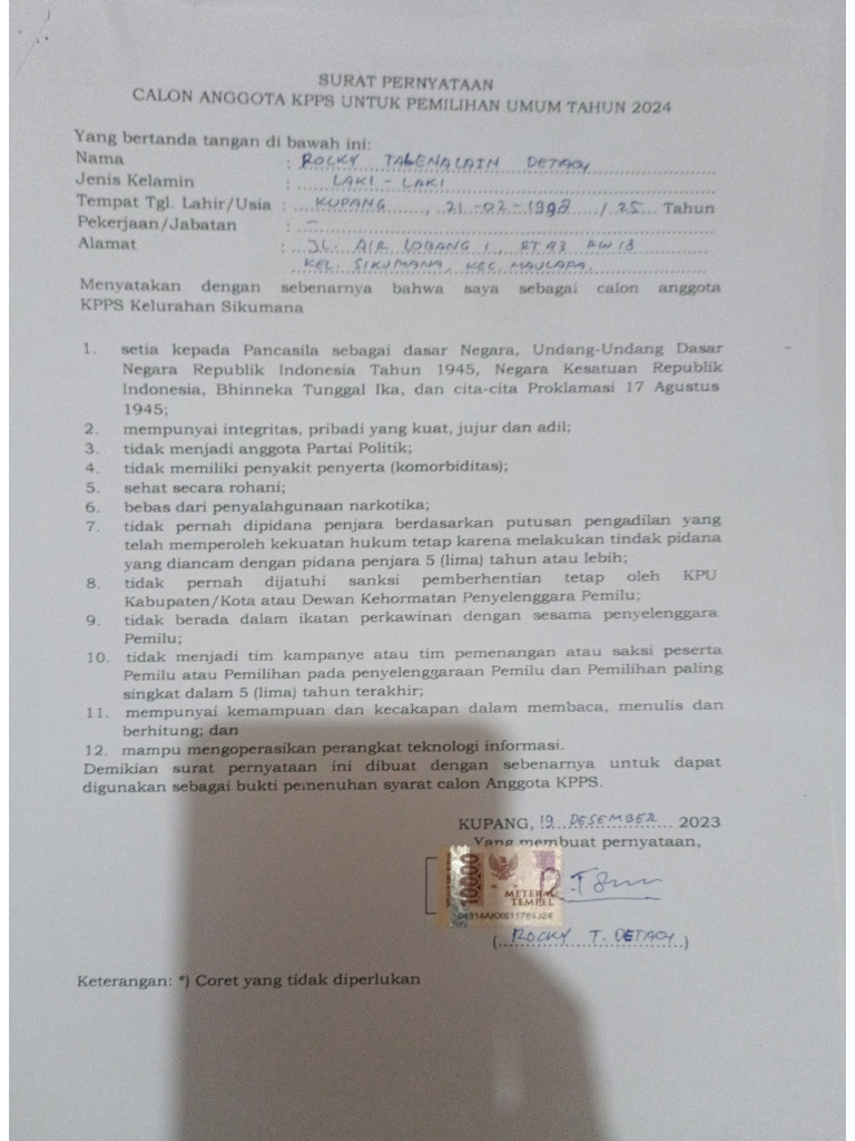 Surat Pernyataan Calon KPPS | PDF