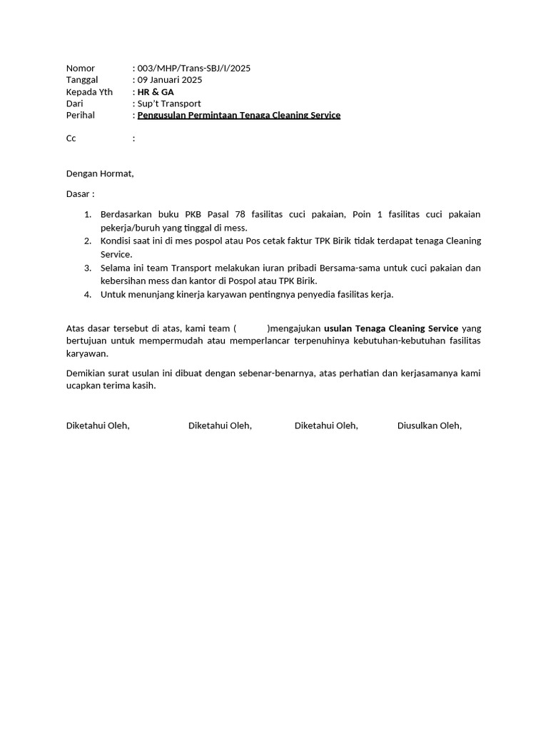 Usulan Tenaga Cleaning Service 2025 | PDF