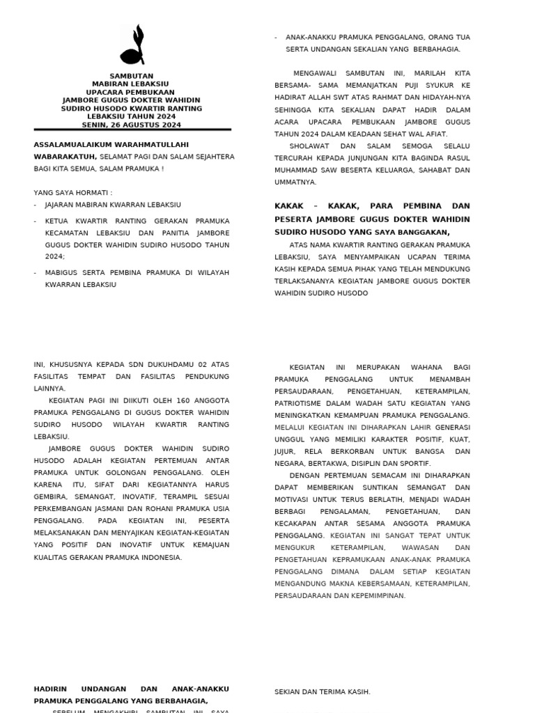 Sambutan Jambore Gugus 2024 | PDF