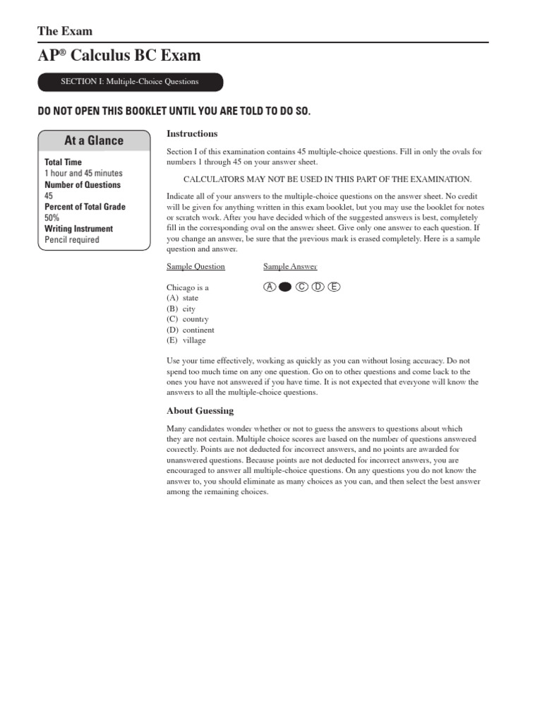 AP Calculus BC Multiple-Choice Exam | PDF | Multiple Choice ...