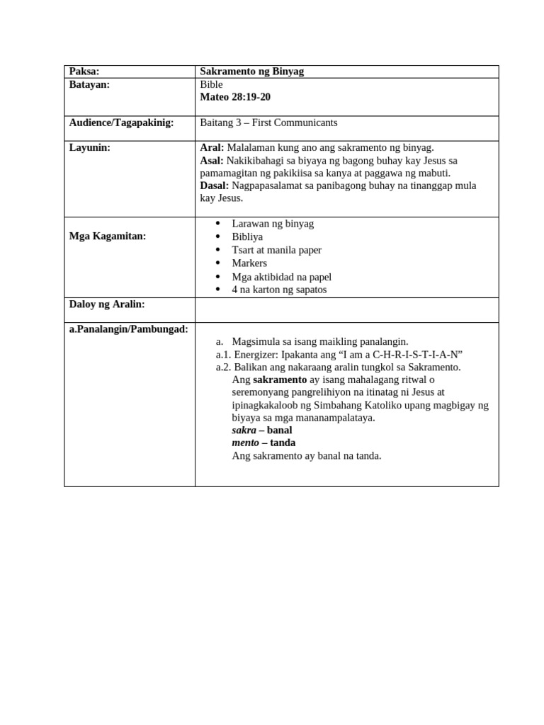 Lesson Plan Group 2 Binyag Edited | PDF