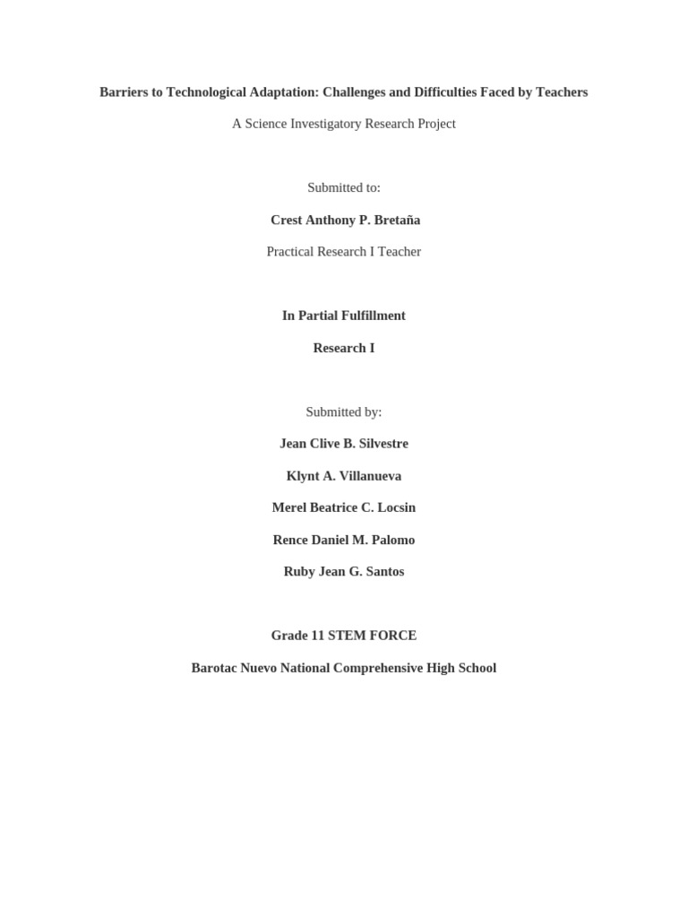 Group 5 PR1 Barriers To Technological Adaptation | PDF | Teachers ...