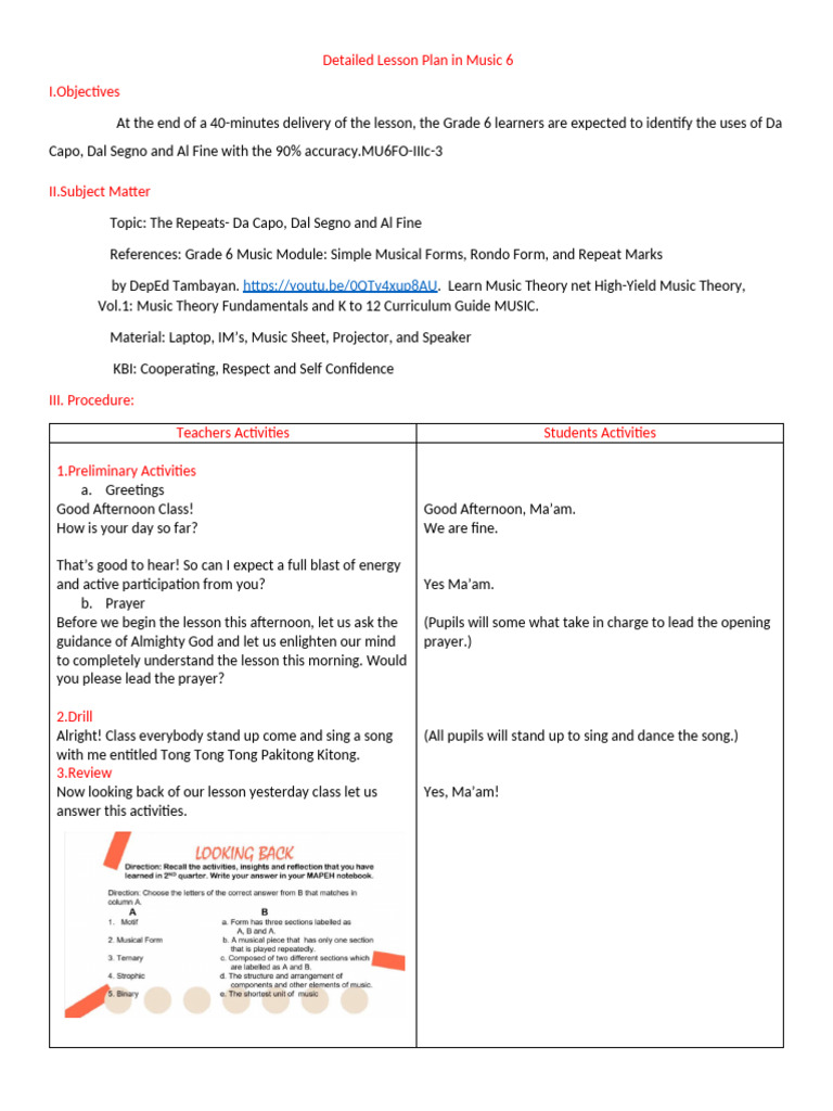 Detailed Lesson Plan in Music 6 Final | PDF | Learning