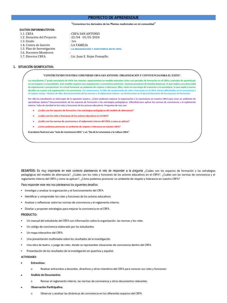 Planif. Del Proy. 1 Marzo - 2025 | PDF | Evaluación | Aprendizaje