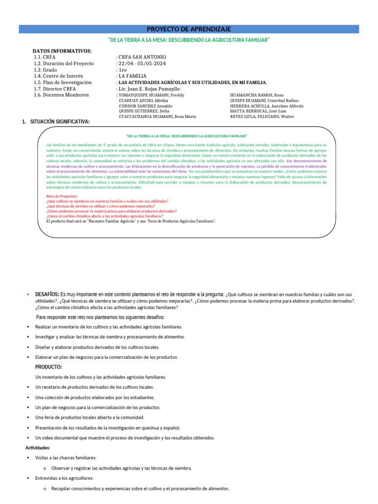 Planif. Del Proy. 1 Abril - 2025 | PDF | Aprendizaje | Agricultura