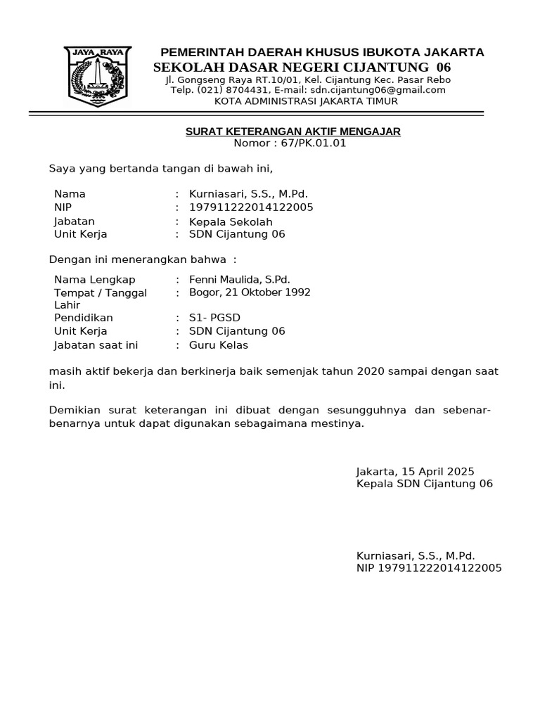 Lampiran IV Format Surat Aktif Mengajar & Bukti Pengalaman Mengajar PPPK JF Guru | PDF