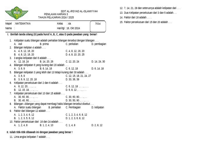 Sumatif Matematika KLS 4B Bab 3 | PDF