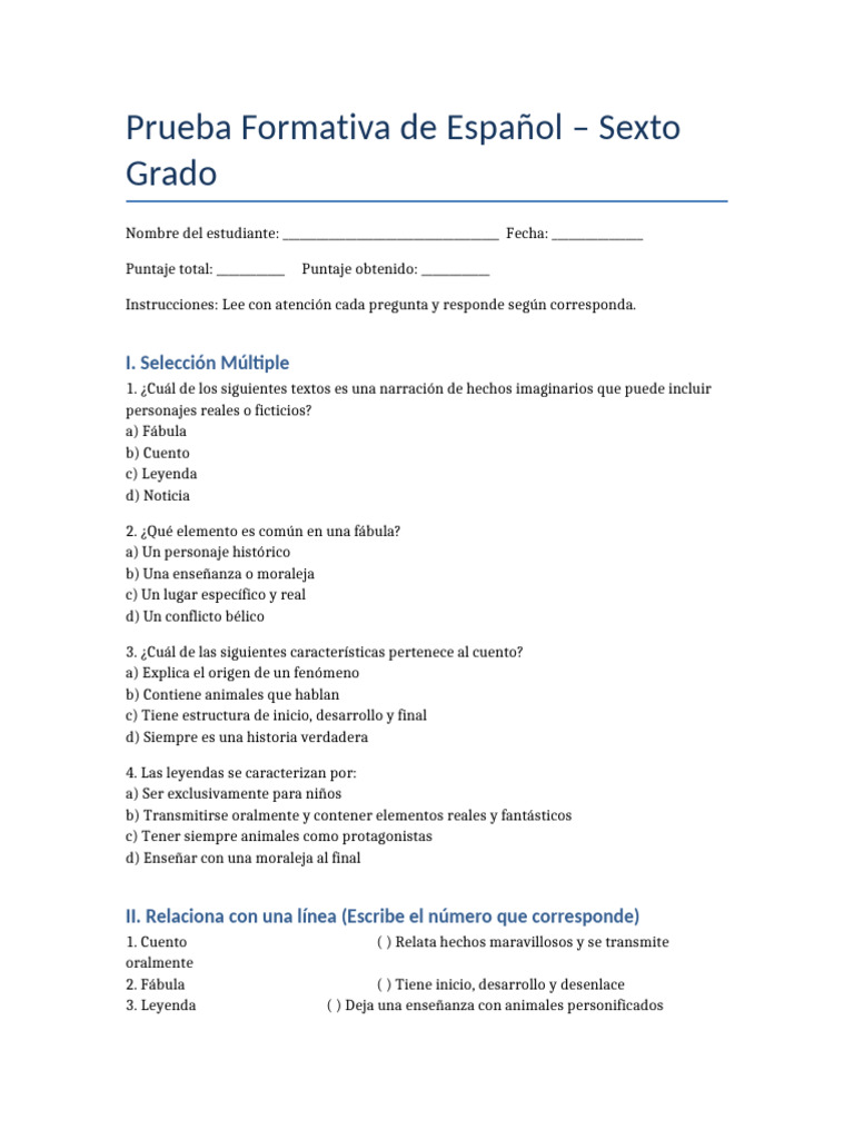 Prueba Formativa Cuento Fabula Leyenda Redaccion | PDF | Fábula | Cuentos