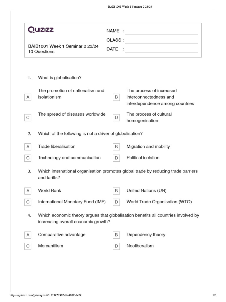 BAIB1001 Globalisation Quiz 2023 | PDF | Globalization | World Trade ...