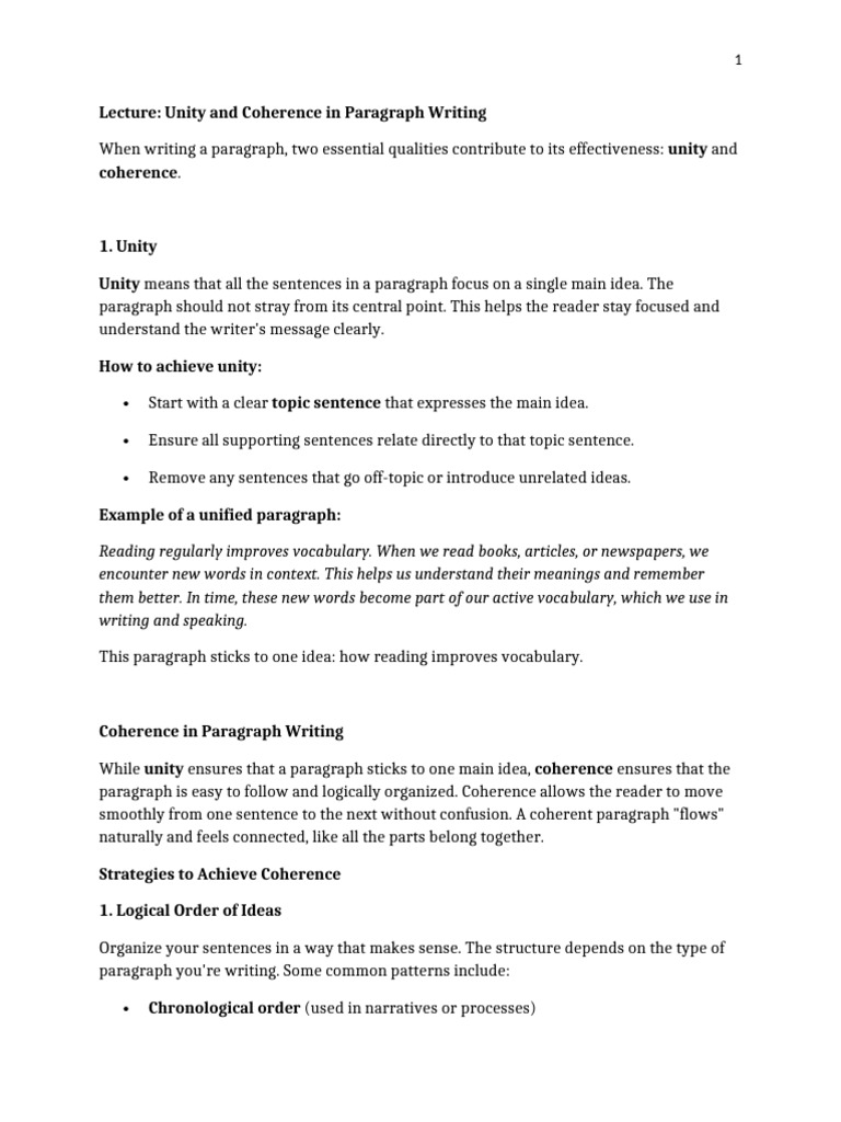 Unity and Coherence in Paragraph Writing | PDF | Educational Technology ...