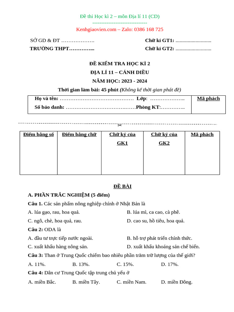 De Thi Hk2 de So 6 Dia Li 11 CD | PDF