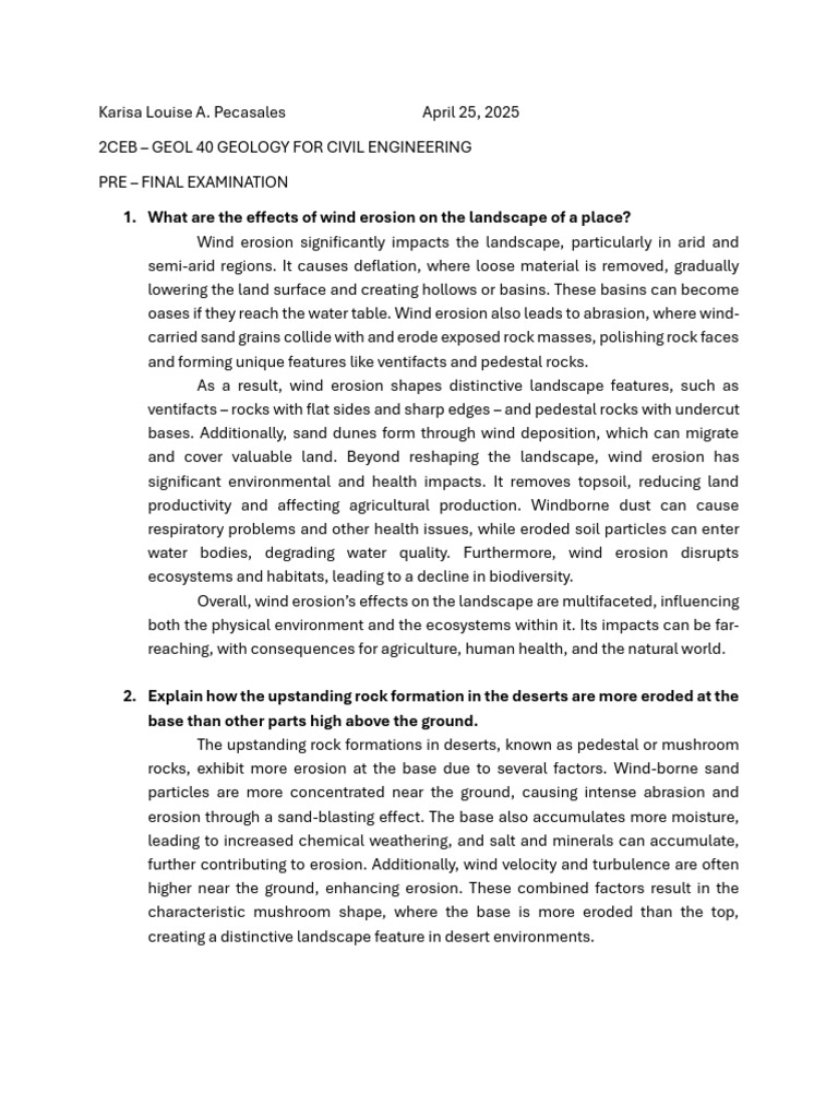 GEOL 40 PREFI EXAM Pecasales Karisa Louise | PDF | Dune | Erosion