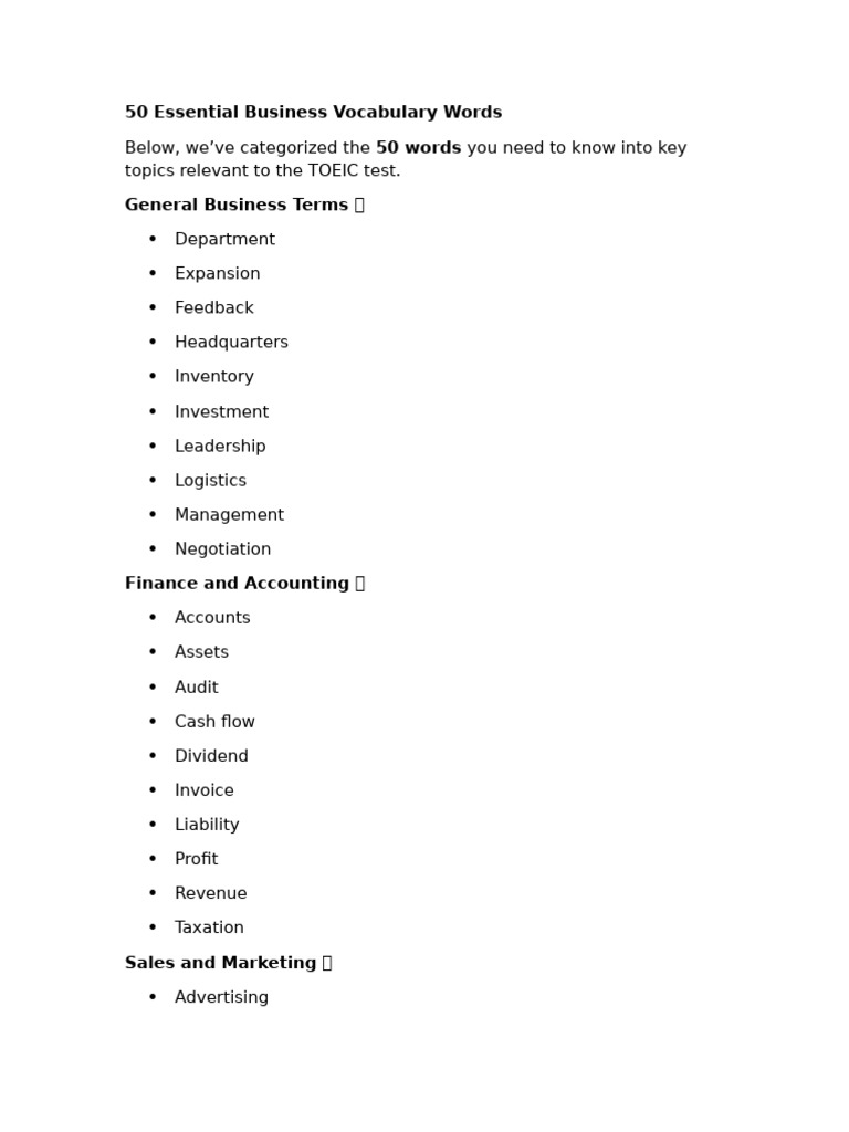 50 Essential Business Vocabulary Words | PDF